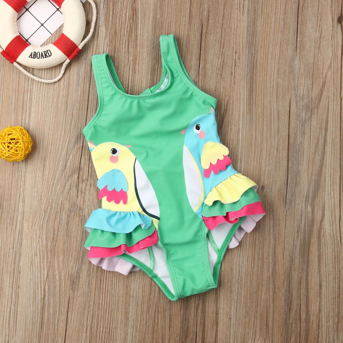 Baby Girl Green Bird Printed Ruffled Swimsuit Swim... – Grandado