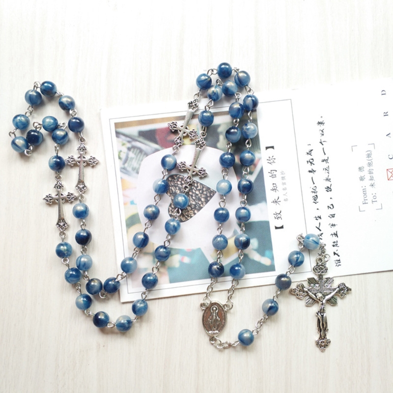 45BE Blue Acrylic Rosary Necklace Long Cross Penda... – Grandado