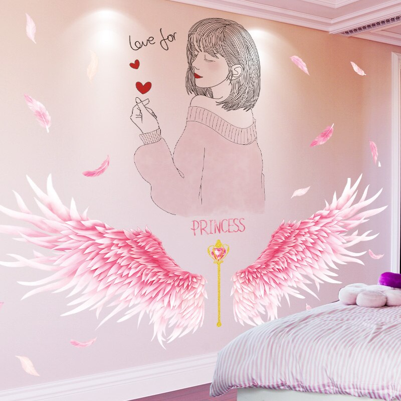 Pink Feathers Wing Wall Stickers DIY Cartoon Girl ... – Grandado