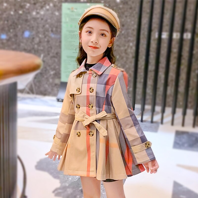 kids 5-17 year plaid long trench double button coa... – Vicedeal