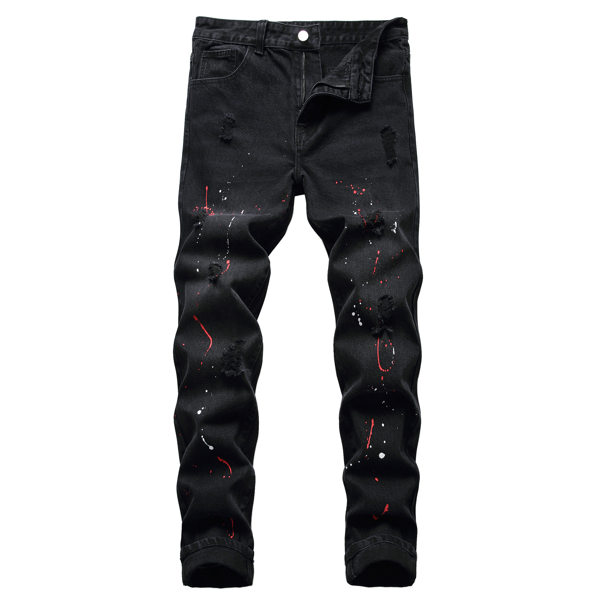 Men's Ripped Hole Ink Printed Jeans Straight S... – Vicedeal