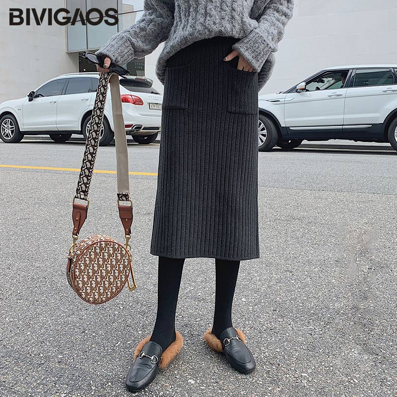 Bivigaos Herfst Winter Gebreide Rokken Womens Hoge... – Vicedeal