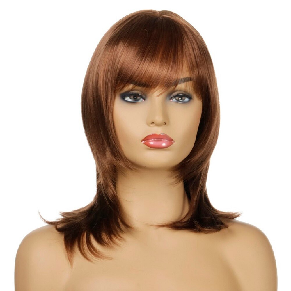 DANBO Bob Wig Lady Medium Long Hair Dark Brown Wav... – Grandado