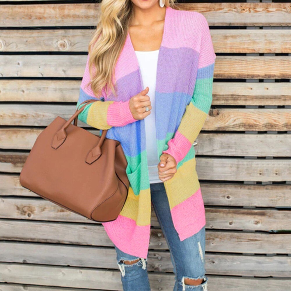 Rainbow Stripe Cardigan Tops Sweater Coat Pink Gre... – Grandado