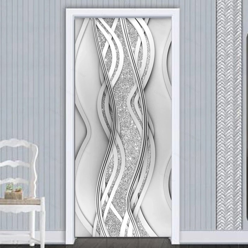 PVC Door Sticker Modern 3D Abstract Line Silver Pe... – Grandado