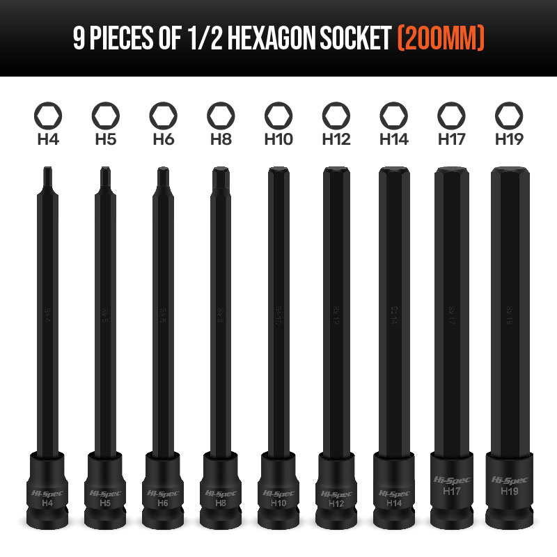 Hi-Spec 200MM Extended Socket Sets 1/9pc Hexagon S... – Grandado