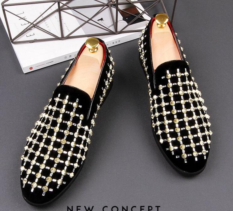 luxury Men Pointed rhinestone rivet flats shoes ma... – Grandado