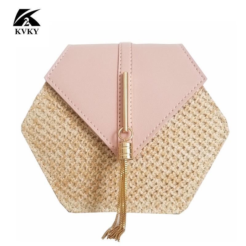 Hexagon Mulit Style Straw+leather Handbag Women Su... – Vicedeal