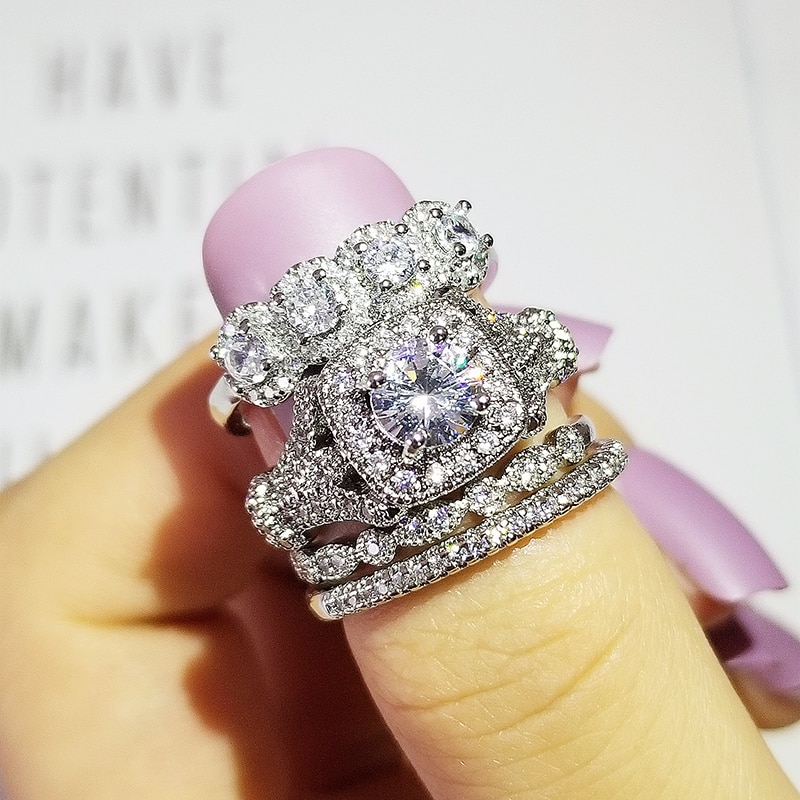 925 sterling silver 4 pieces stacked stack wedding... – Grandado