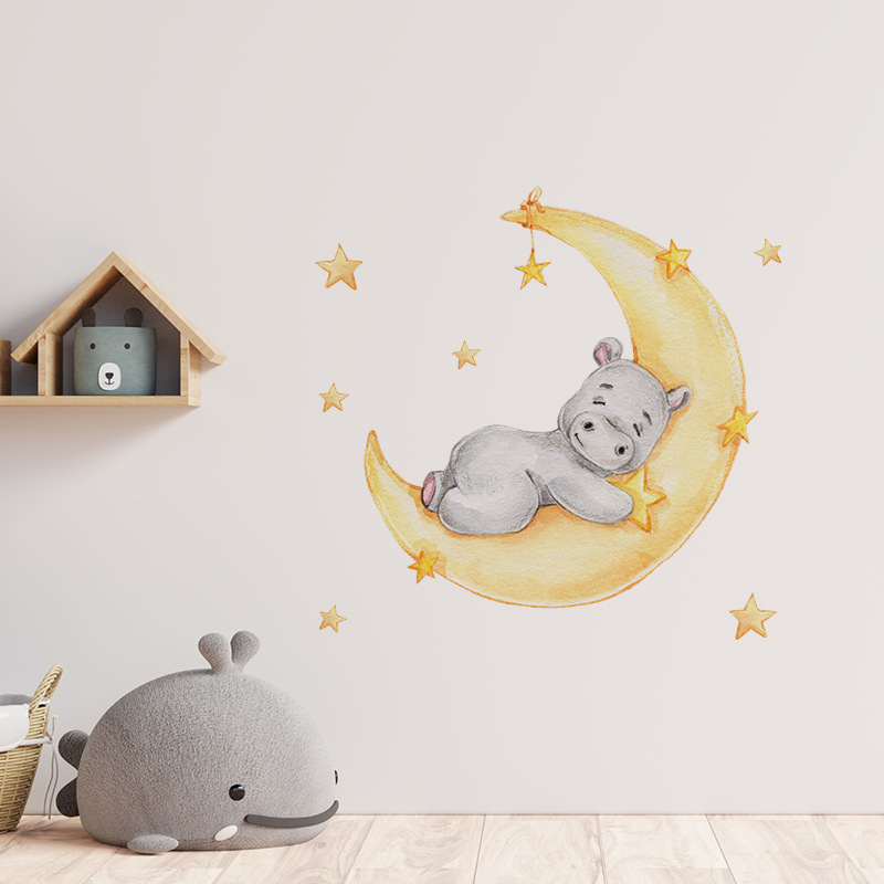 Cartoon Moon Hippo Wall Sticker For Kids Baby Room... – Grandado