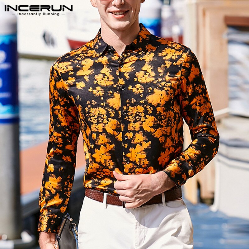 INCERUN Printing Business Shirt Men Silk Satin Lap... – Vicedeal