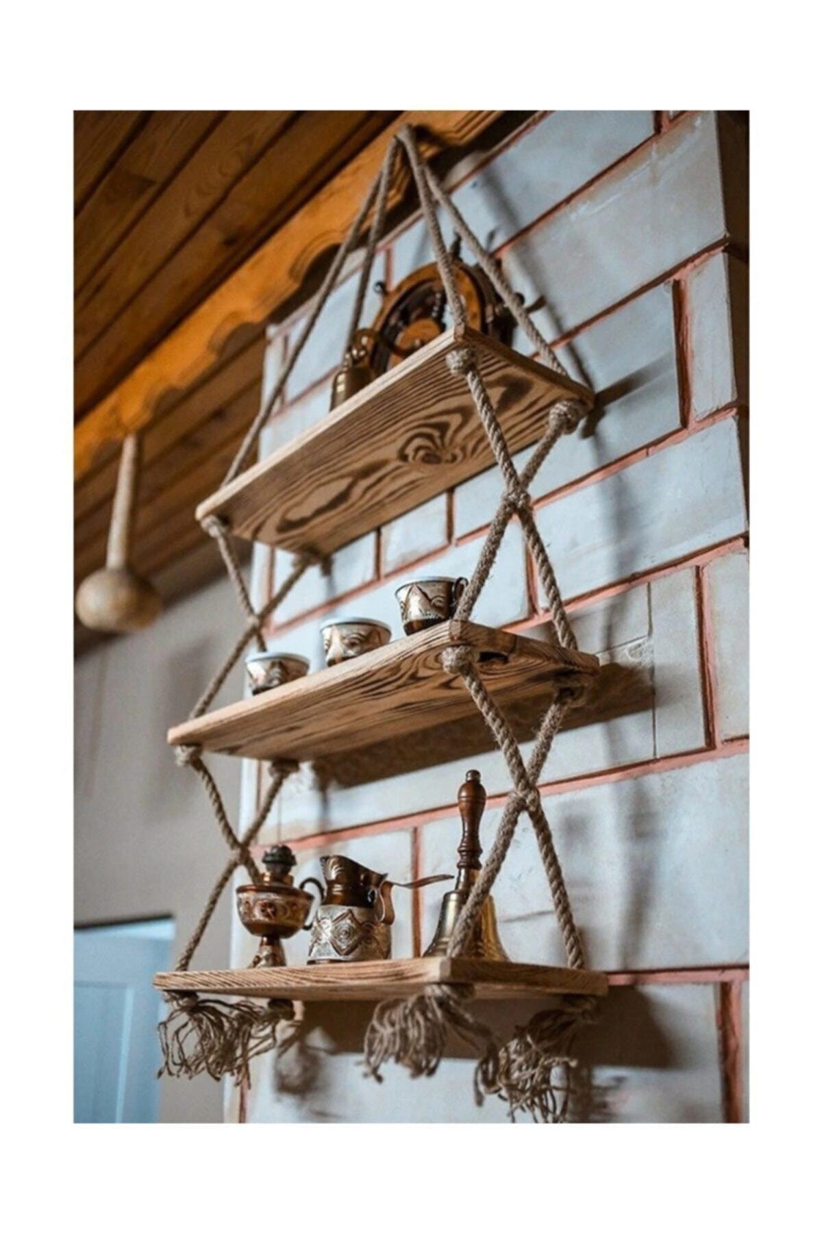 Retro Wood Eyes Rope Wall Rack Bookshelf flower be... – Grandado