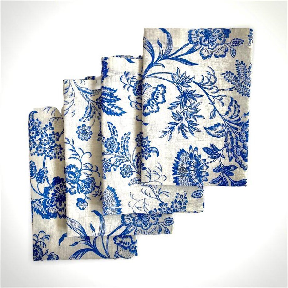 100% Linen Fabric Set of 4 Blue Rose Patterned Tab... – Vicedeal