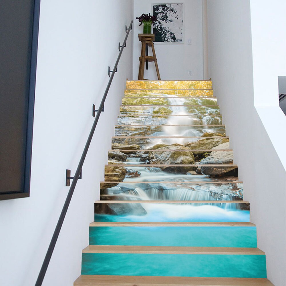 Deep Mountain Waterfall Staircase Sticker For To T... – Vicedeal