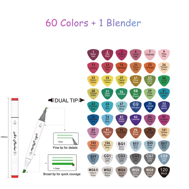61 Colors Dual Tip Alcohol Based Art Markers, 60 C... – Grandado