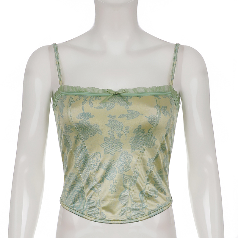 Y2k Floral Green Tank Tops Women Frill Bow Patched... – Grandado