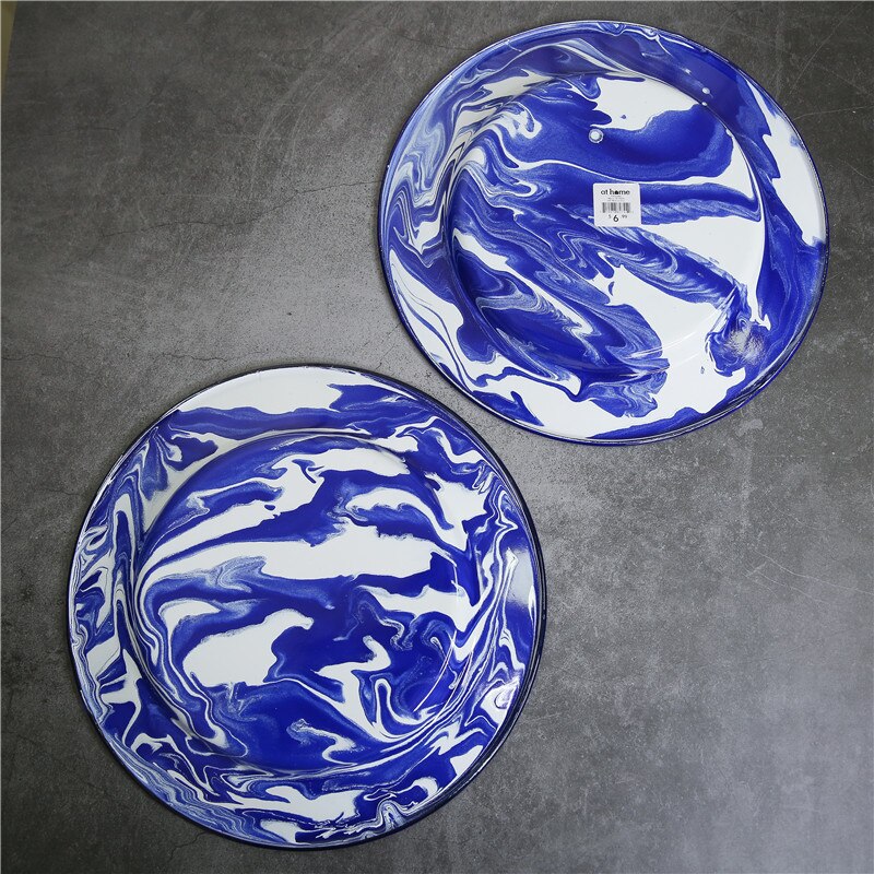 Blue Marbled Breakfast Plate Thick Enamel Flat Pla... – Grandado