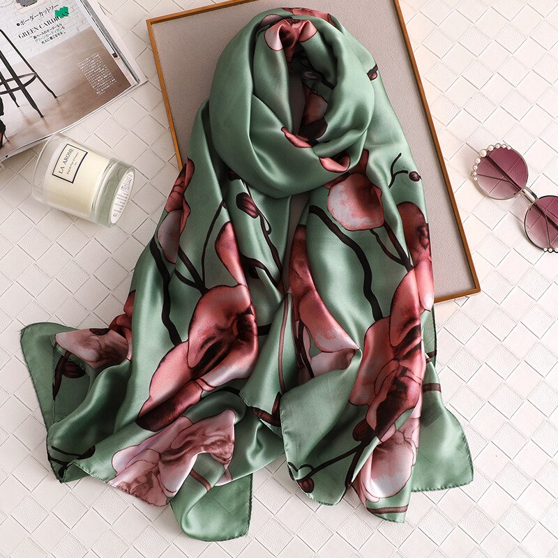 Floral printed silk scarf women long large shawls ... – Grandado