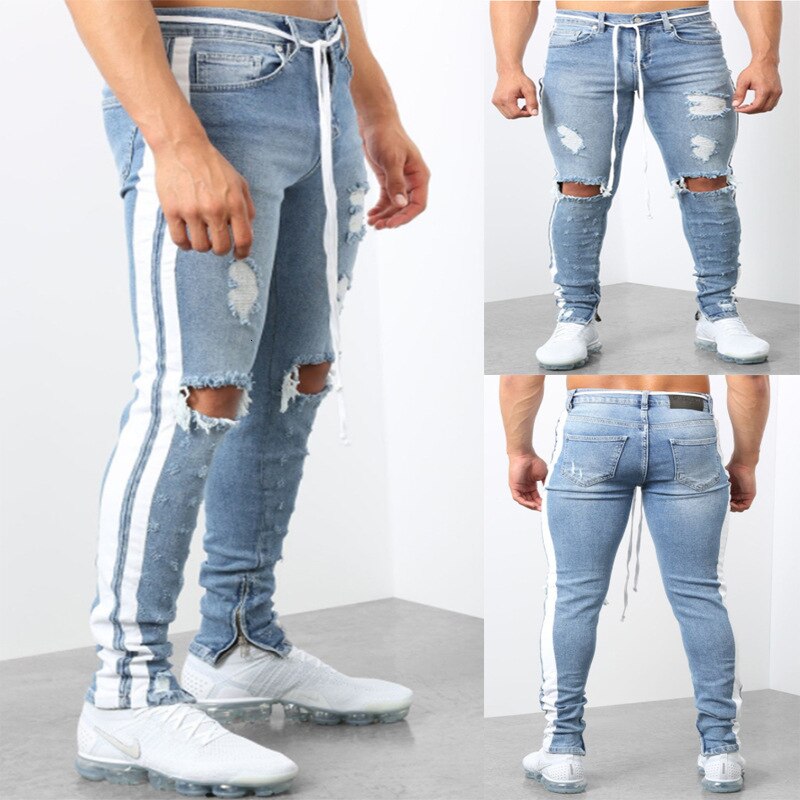 Skinny Jeans For Men Ripped Hole Stretch Denim Pen... – Vicedeal