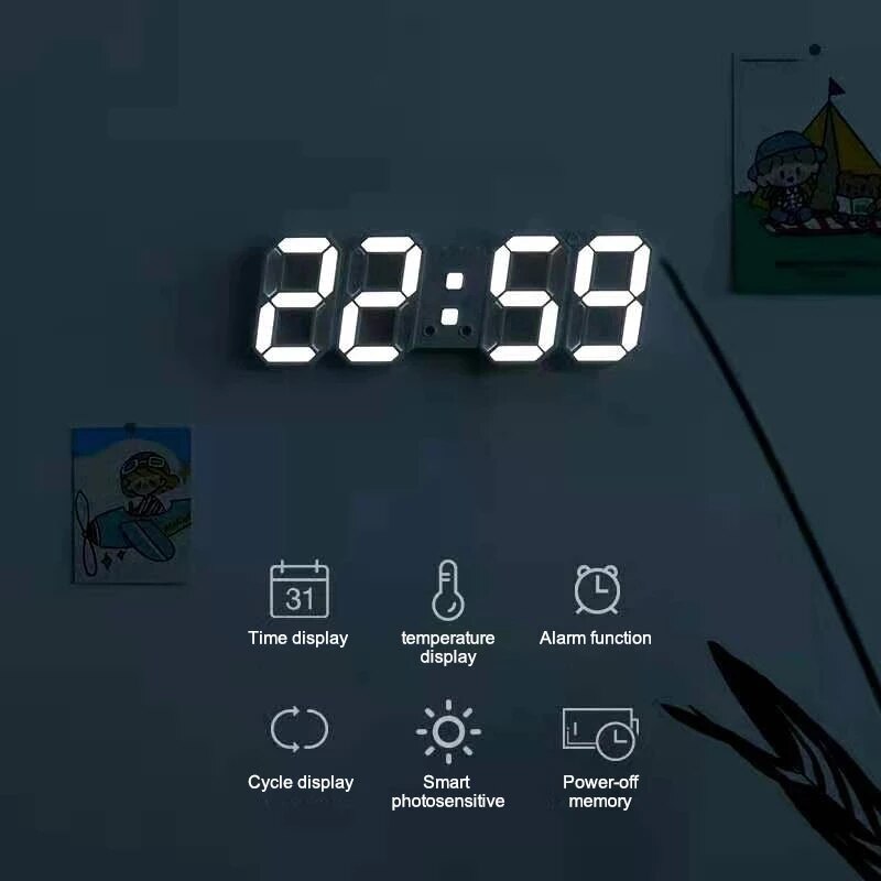 3D Digital LED Wall Clock Digital Alarm 24/12 Hour... – Vicedeal