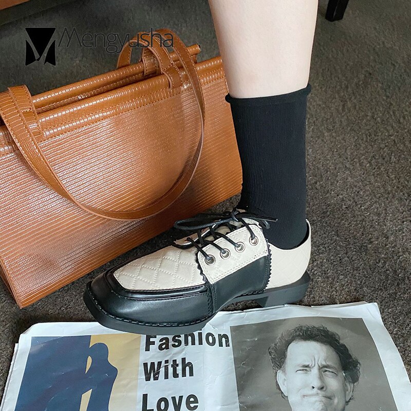 Colors block oxford shoes women sewing lattices sq... – Grandado