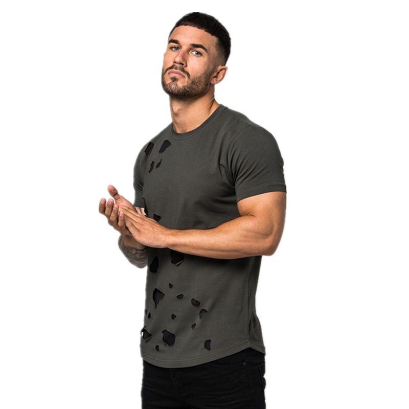Moomphya Distressed ripped holes men t shirt Stree... – Vicedeal