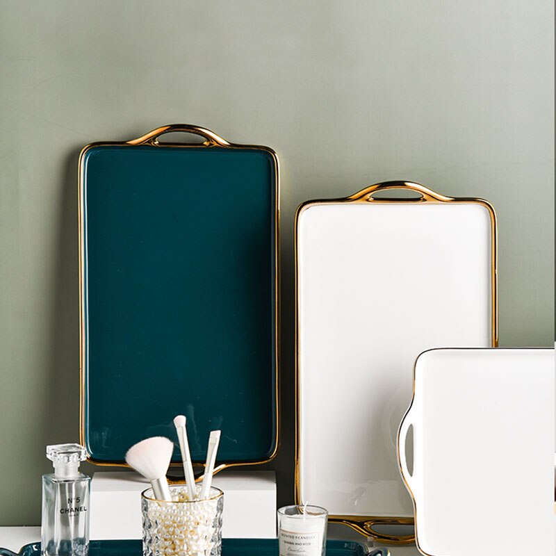 European-style Ceramic Tray White Gold Rim Rectang... – Grandado