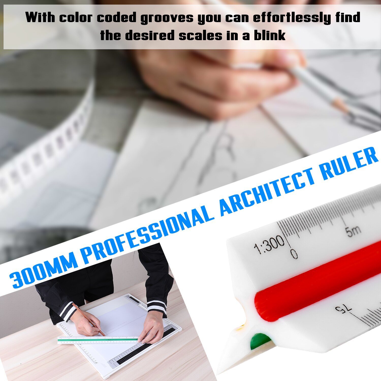 300mm Architect Three-edged Ruler 3 Color-Coded Gr... – Grandado