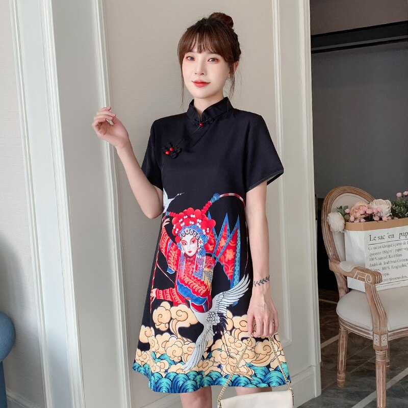 Plus Size M-4XL Peking Opera Print Short Sleeve Mo... – Grandado