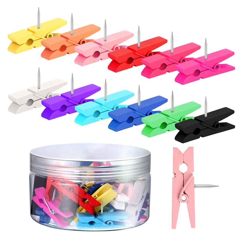 60Pcs Wooden Clip Pushpin Office Stationery Color ... – Grandado