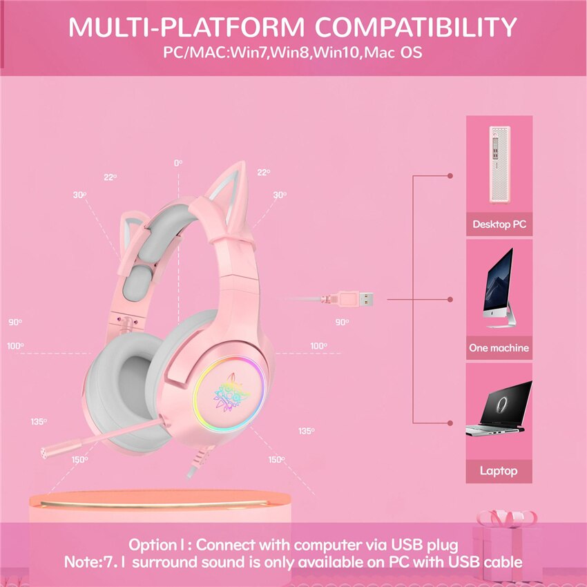 ONIKUMA K9 USB Gaming Headset casque Pink Cat Ear ... – Grandado