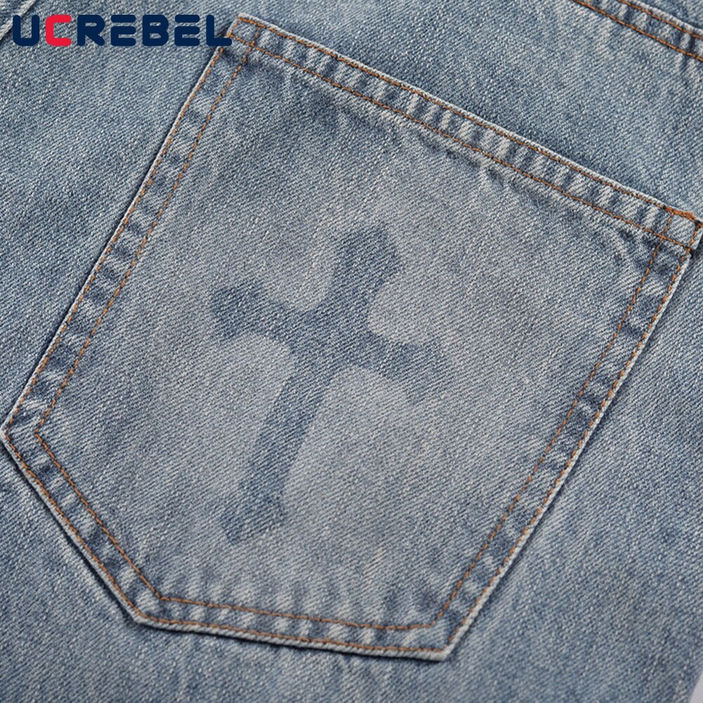 Cross Print Denim Pants Mens High Street Gradient ... – Grandado