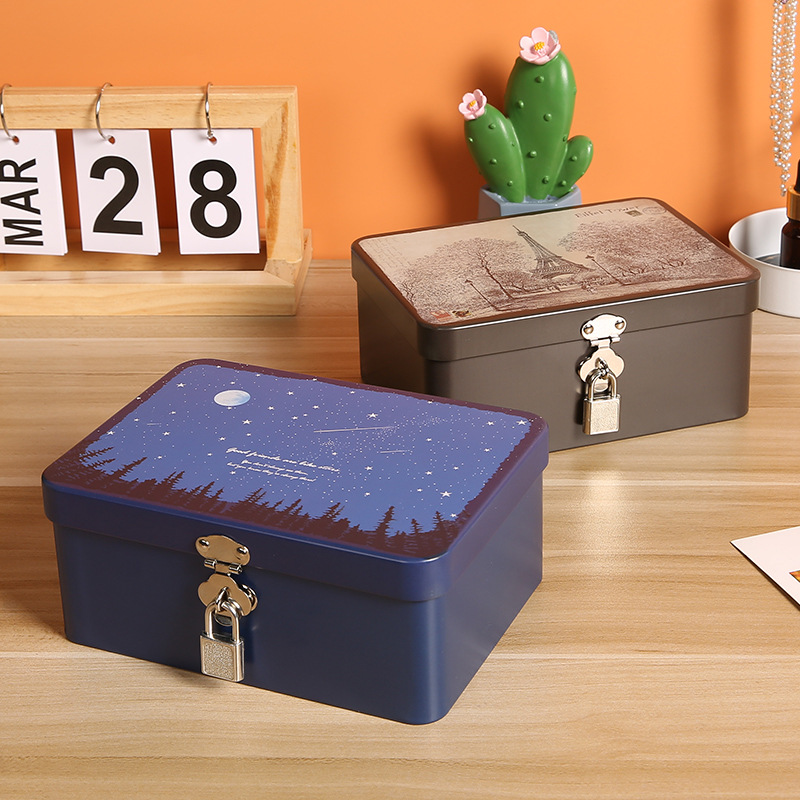 Retro Tinplate Box with Lock Desktop Storage Box C... – Grandado