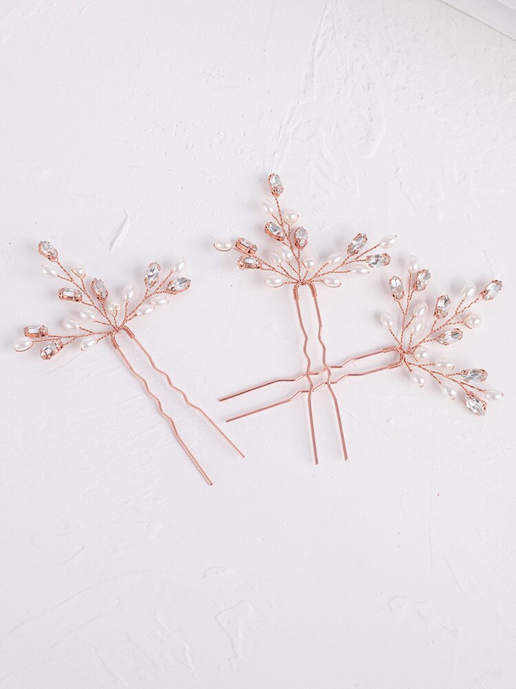 Trendy Rose gold 3PCS Wedding Hair Pins Tiara Head... – Grandado