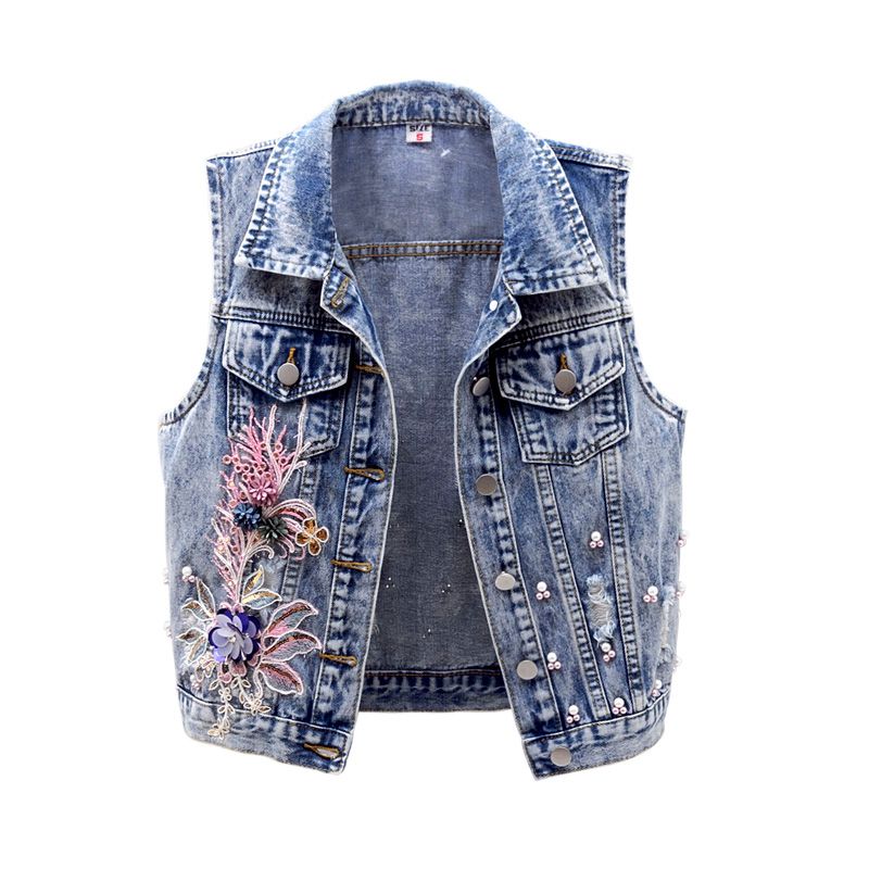 Kvinner denim vest jakke høst broderi perler ermel... – Grandado