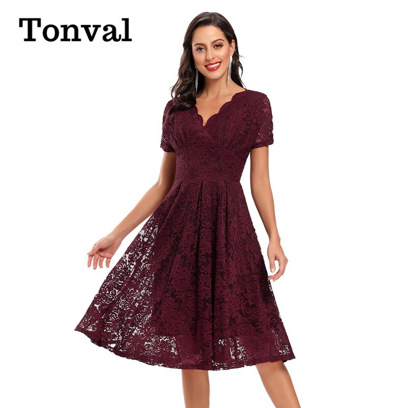 Tonval V Neck Burgundy A Line Lace Midi Swing Dres... – Grandado