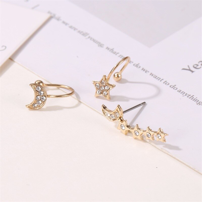 Stars and Moon Ear Cuff Set of 3 Full CZ Crystal G... – Grandado