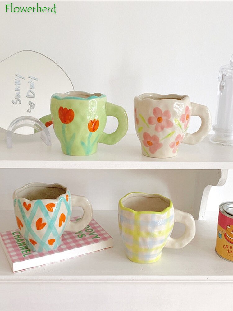 Hand Pinch Ceramic Coffee Cup with Handle Flower H... – Grandado