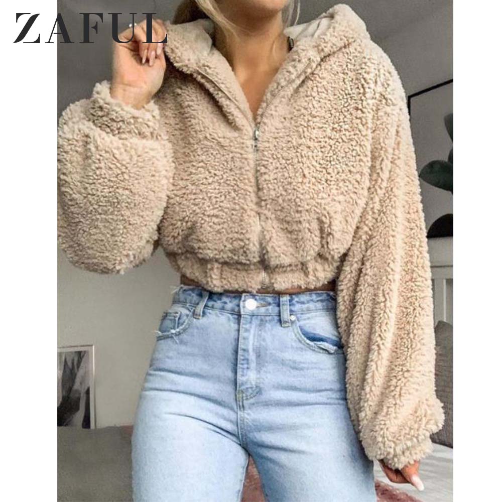 ZAFUL Hooded Zip Up Fluffy Teddy Jacket Women Faux... – Vicedeal