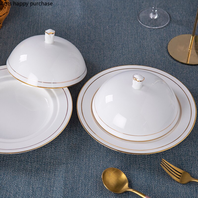 Ceramic Soup Dish Stew with Lid Golden Rim White S... – Grandado