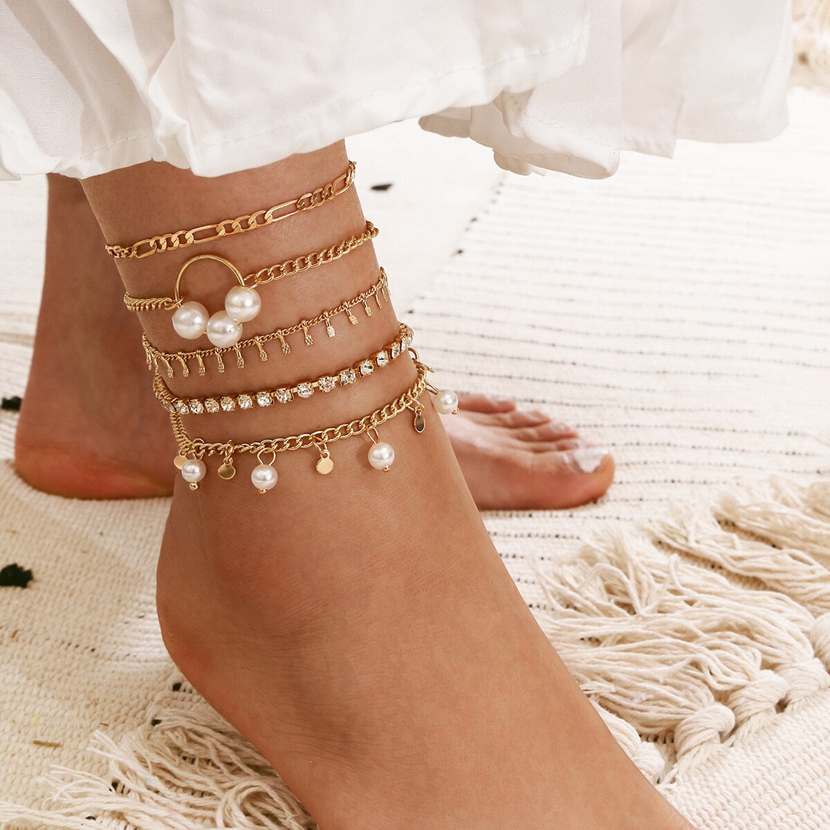 VAGZEB 5 pcs/set Anklet Set Gold Color Chain Cryst... – Grandado