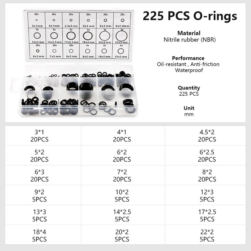 225 Uds caucho O anillo-Sellos de arandela estanqu... – Grandado