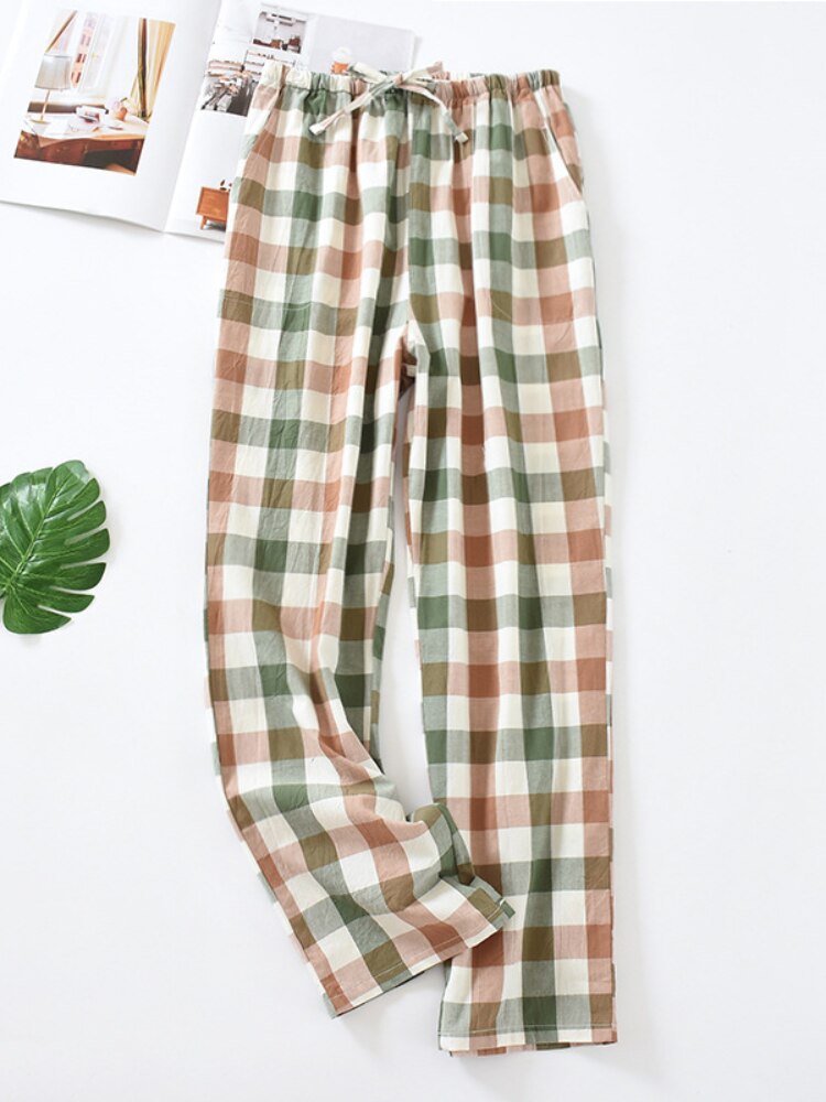 Washed Cotton Plaid Pyjamas Women Four Seasons Thi... – Grandado