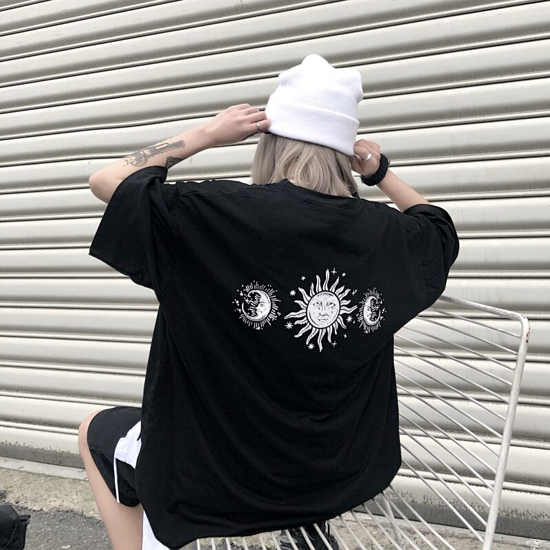 Harajuku Short-sleeve Women Sun and Moon print Clo... – Vicedeal