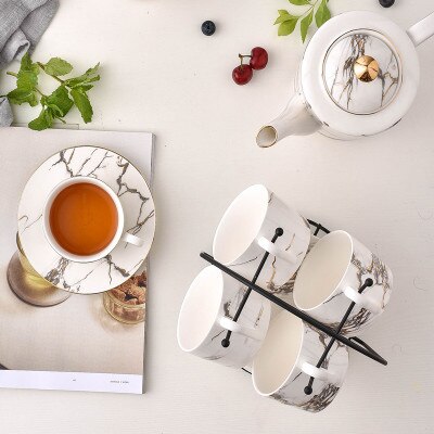 Marmorerte keramiske kaffekopper fett sett-tekanne... – Grandado