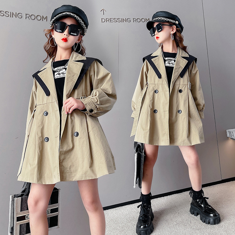 Windbreaker for Girls Autumn Double Breasted Khaki... – Grandado