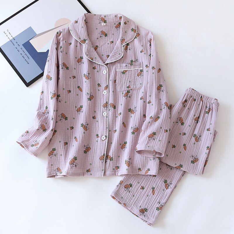 Women Spring Pajamas Cotton Crepe Sleepwear Long S... – Vicedeal