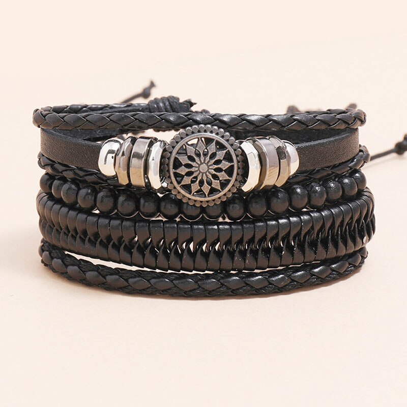 4 Stks/set Gevlochten Zwart Lederen Heren Armbande... – Vicedeal