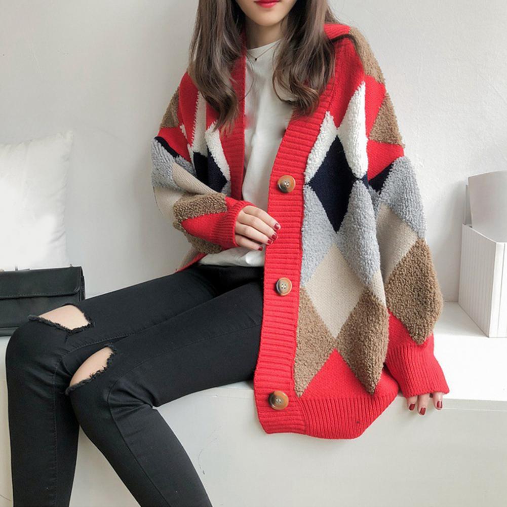 Women Sweaters Cardigan Coat Rhombus Pattern Long ... – Grandado