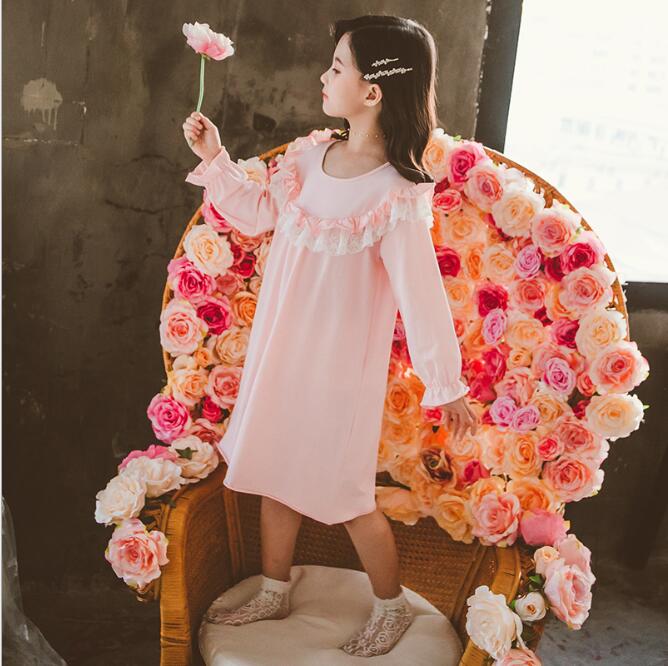 Girls Nightgown Dress Autumn Teen Girl Pink Lace R... – Grandado
